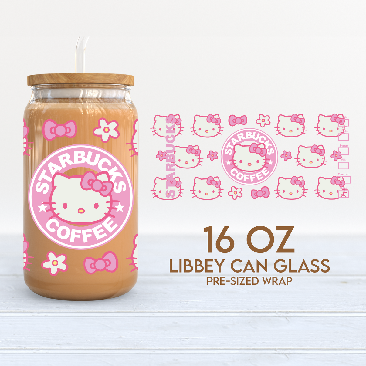 Hello Kitty Cup Wrap | Starbucks 16oz Libbey Can Glass | Pink Cat PNG ...