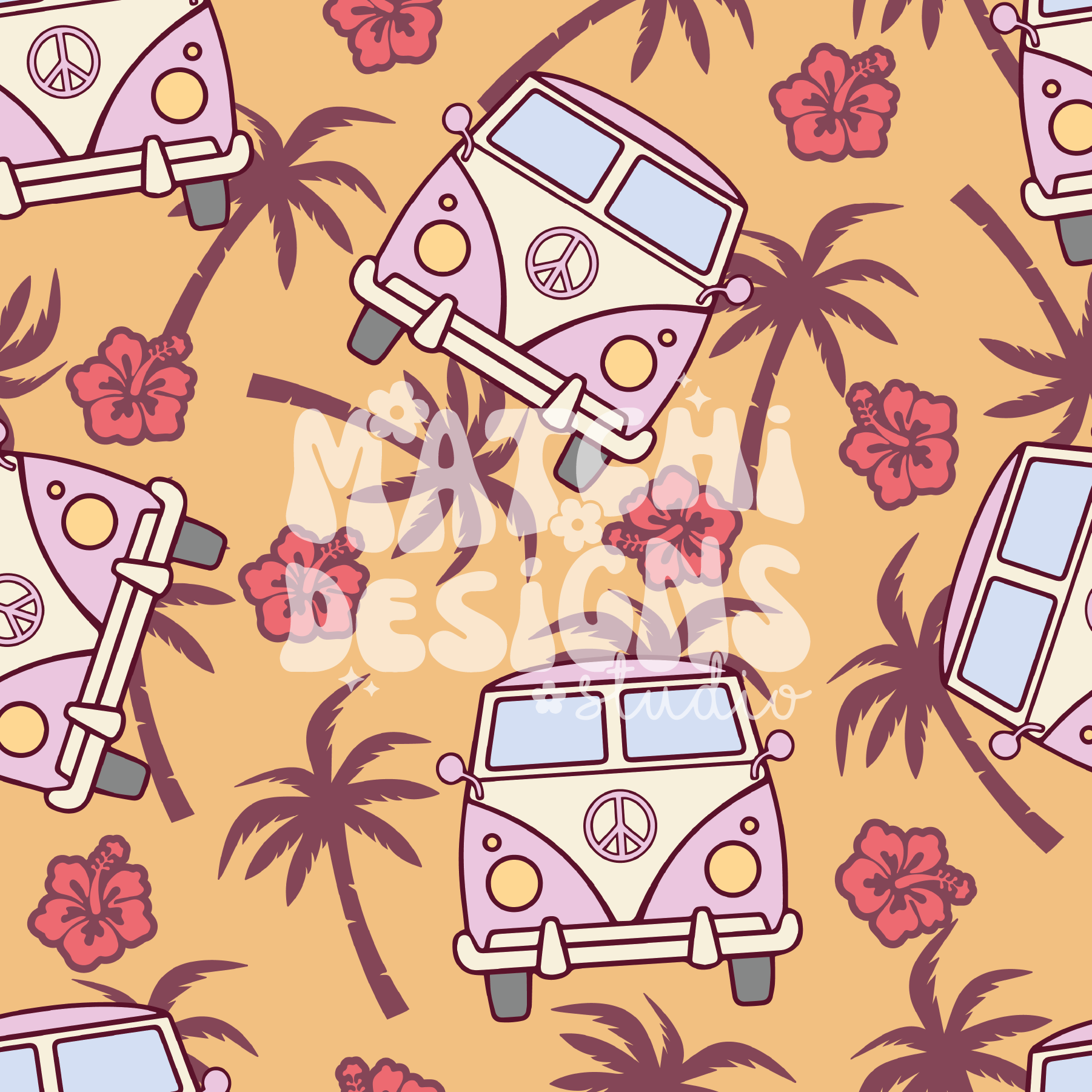 Hippie Summer Seamless Pattern, Groovy Repeat Pattern for Fabric Subli ...